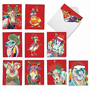 The Best Card Company Variety Pack of 10 Christmas Greeting Cards with Envelopes, Humor Holiday Assortment for Men and Women (10 Designs, 1 Each) - Christmas Funny Farm M4982XSG-B1x10