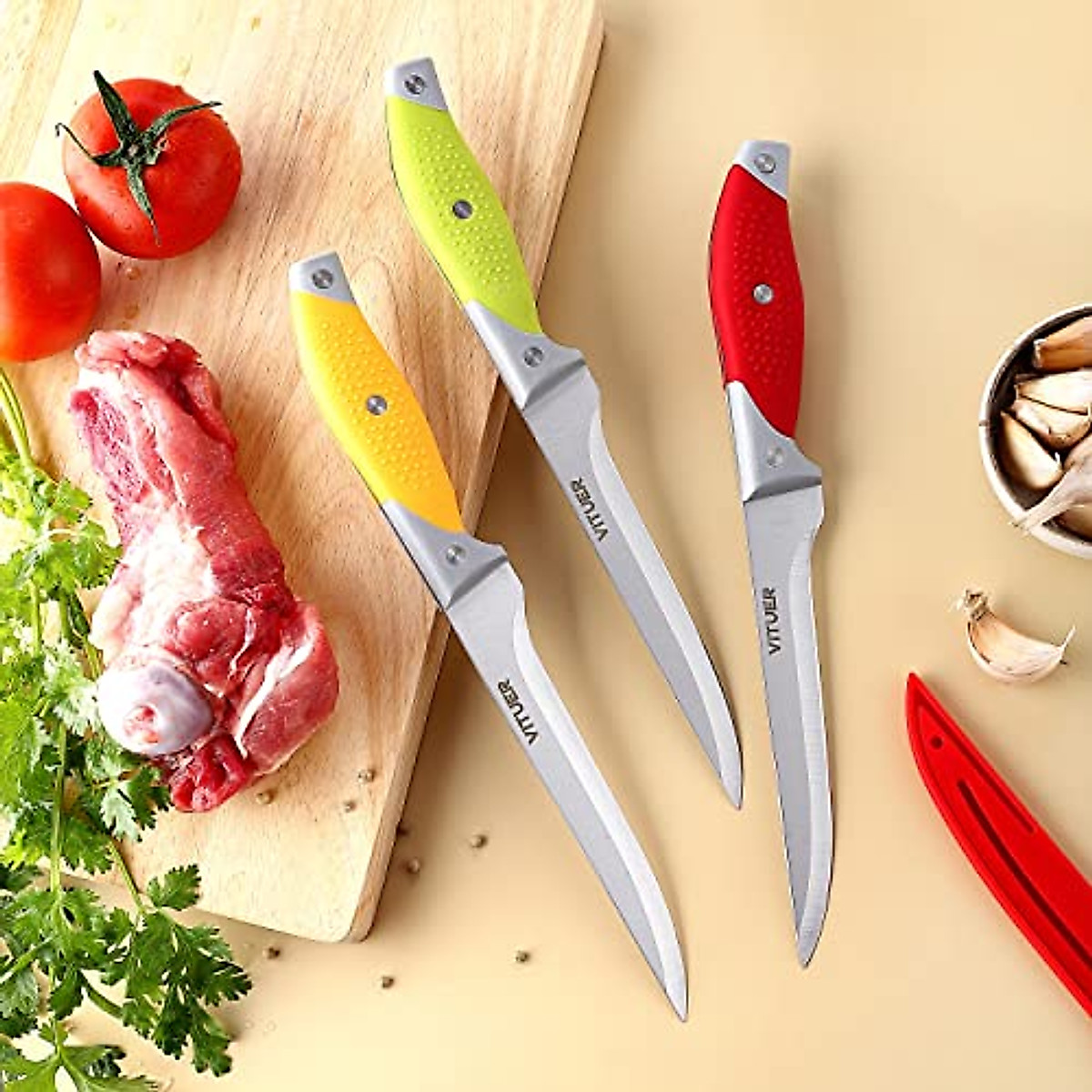 VITUER Boning Knife, 6PCS Fillet Knives (3PCS Filet Knife and 3PCS Knife Cover), 6 Inch Curved Boning Knife for Meat, Fish, Poultry, Cutting, Trimming, German Steel, PP Handle