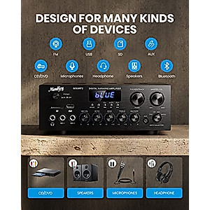Moukey Home Audio Amplifier Stereo Receivers with Bluetooth 5.0, 220W 2 Channel Power Amplifier Stereo System, w/USB, SD, AUX, MIC in w/Echo, LED for Home Theater Speakers via RCA, Studio Use - MAMP1