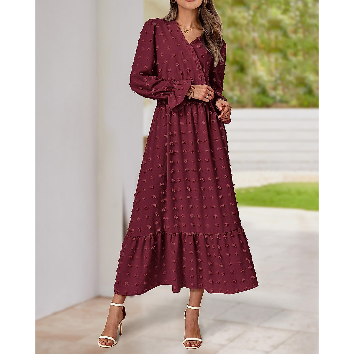 BTFBM Women Spring Dresses 2025 Long Sleeve V Neck Swiss Dots Maxi Dress Boho Long Dress High Waisted A-Line Ruffle Dress(Solid Wine Red,Medium)