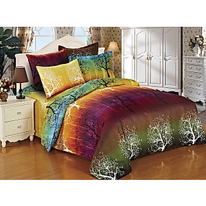 Swanson Beddings 4pc Rainbow Tree Duvet Cover Set: Duvet Cover, Fitted Sheet and Two Matching Pillowcases (Queen)