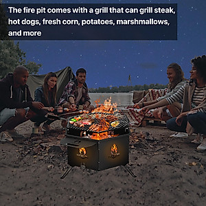 Fire pit with Grill Portable Wood Burning Fire Pits Metal Fire Pit are Used for Garden Picnic, Camping Bonfire, Backyard Parties, BBQ& Outdoor Firepit,Black