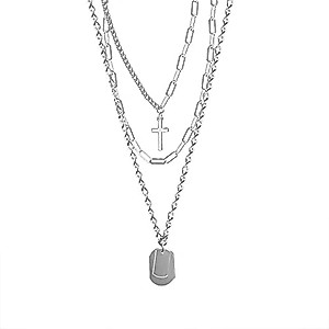 YERTTER Dainty Unique Punk Layering Silver Chain Choker Necklace Boho Jewelry Set Layered Cross Pendant Statement Chunky Chain Necklace for Women Man