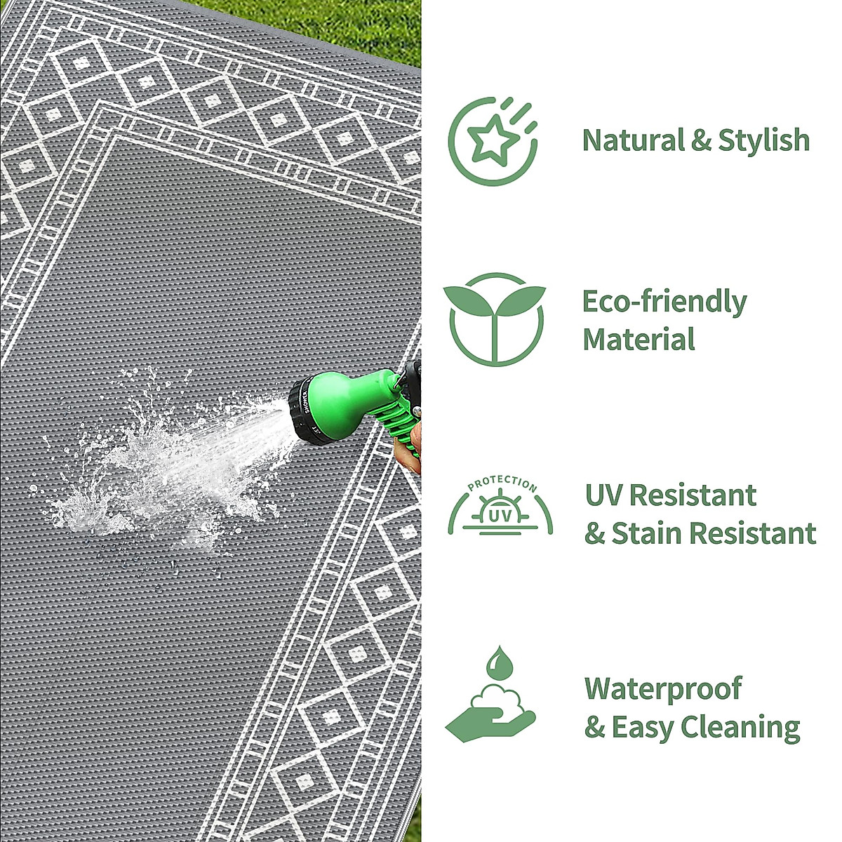 GENIMO Outdoor Rug 6'x9' for Patio Clearance, Reversible Plastic Straw Outdoor Area Carpet Waterproof, Camping Outside Mat for Outdoor Decor, RV, Deck, Camper, Balcony, Picnic, Grey & White