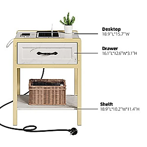 IDEALHOUSE Nightstand, White and Gold Night Stand with Charging Station, Side Table Bedside Table with Drawer, End Table with Storage Shelf for Bedroom, Living Room, Dorm (White(1 Pack))