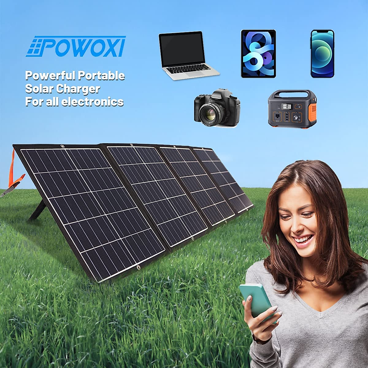 100W Portable Solar Panel Kit with Stand Foldable Solar Panel Charger for Power Station, 8mm Power Station, Portable Generator, Phones, Laptop, with QC 3.0 USB DC Ports