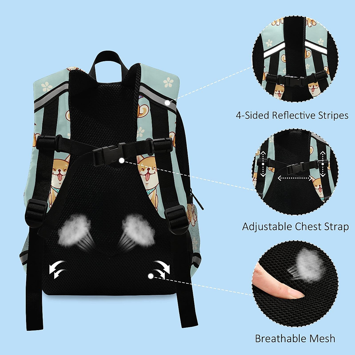 AIXIWAWA Small Kids Leash Harness Backpack for Boys Girls, Kawaii Shiba Inu Mini Backpacks with Reflective Strips Chest Buckle for Toddlers from 3 to 6 Years Old 10.9 X 5.9 X 12.9 inches