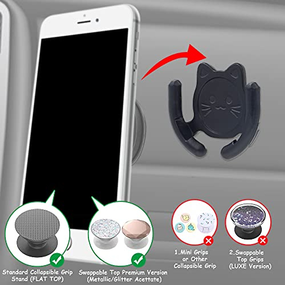 HOMEFOX Multi-Surface Holder Car Mount 3 Pack Compatible for Popsocket Holder Grips Hand-Free Device Support Accessories Home Office Desk Wall Mount Cute Cat with Strong Adhesive Sticky Gel Pad, Black