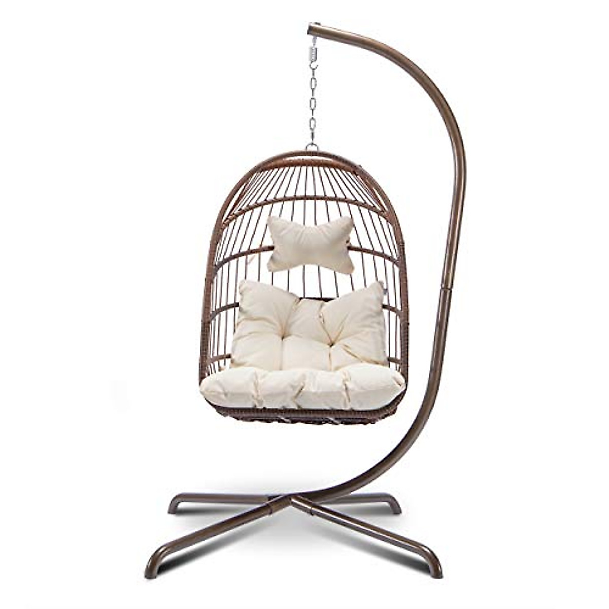 Egg Chair with Cover Indoor Hanging Swing Chair with Stand Rattan Wicker Patio Swing Chair 300 lbs Hanging Chair Outdoor Egg Chair with Stand for Kids Teens Adults (Brown)