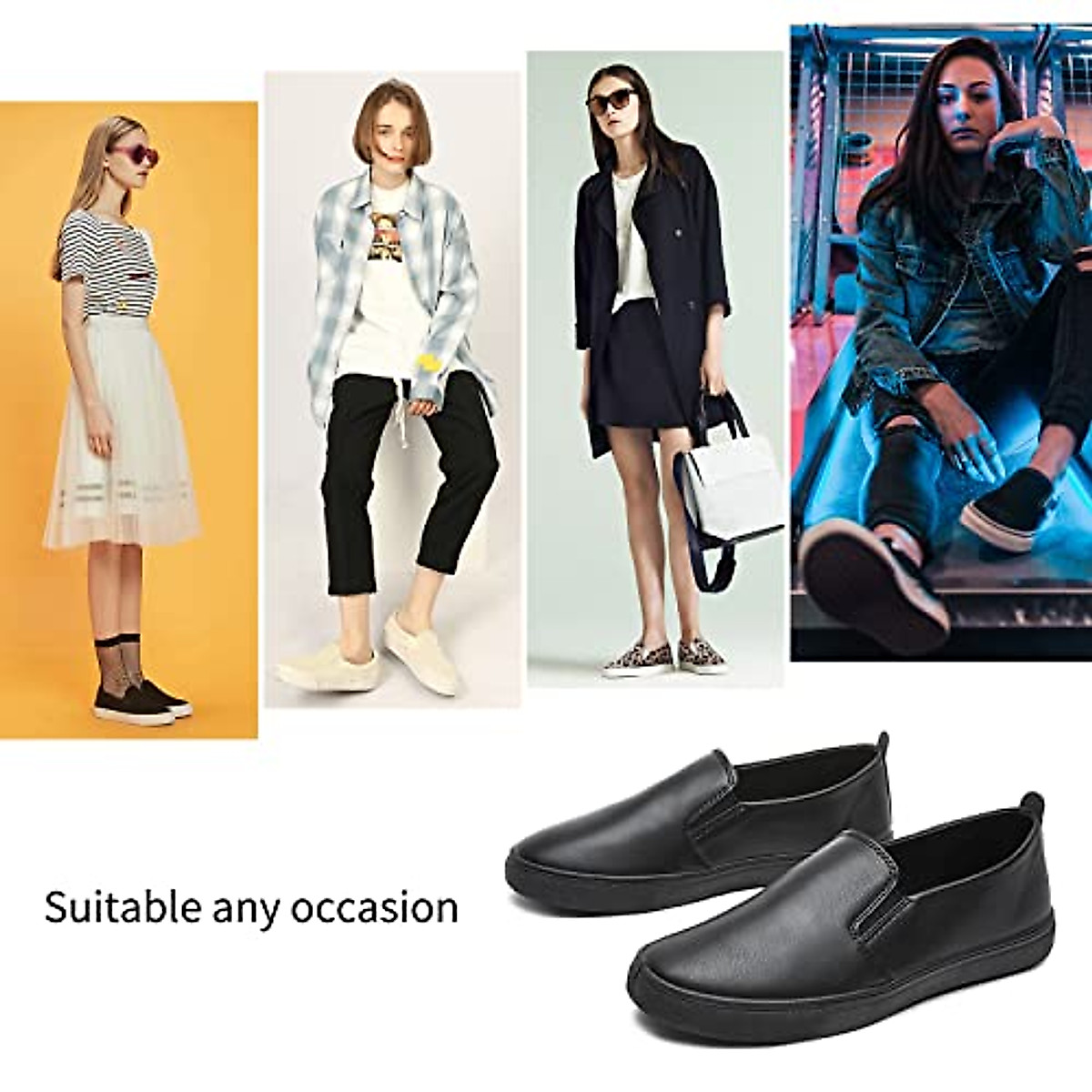 hash bubbie Womens White PU Leather Sneakers Low Top Tennis Shoes Casual Walking Shoes（Full Black.US7）