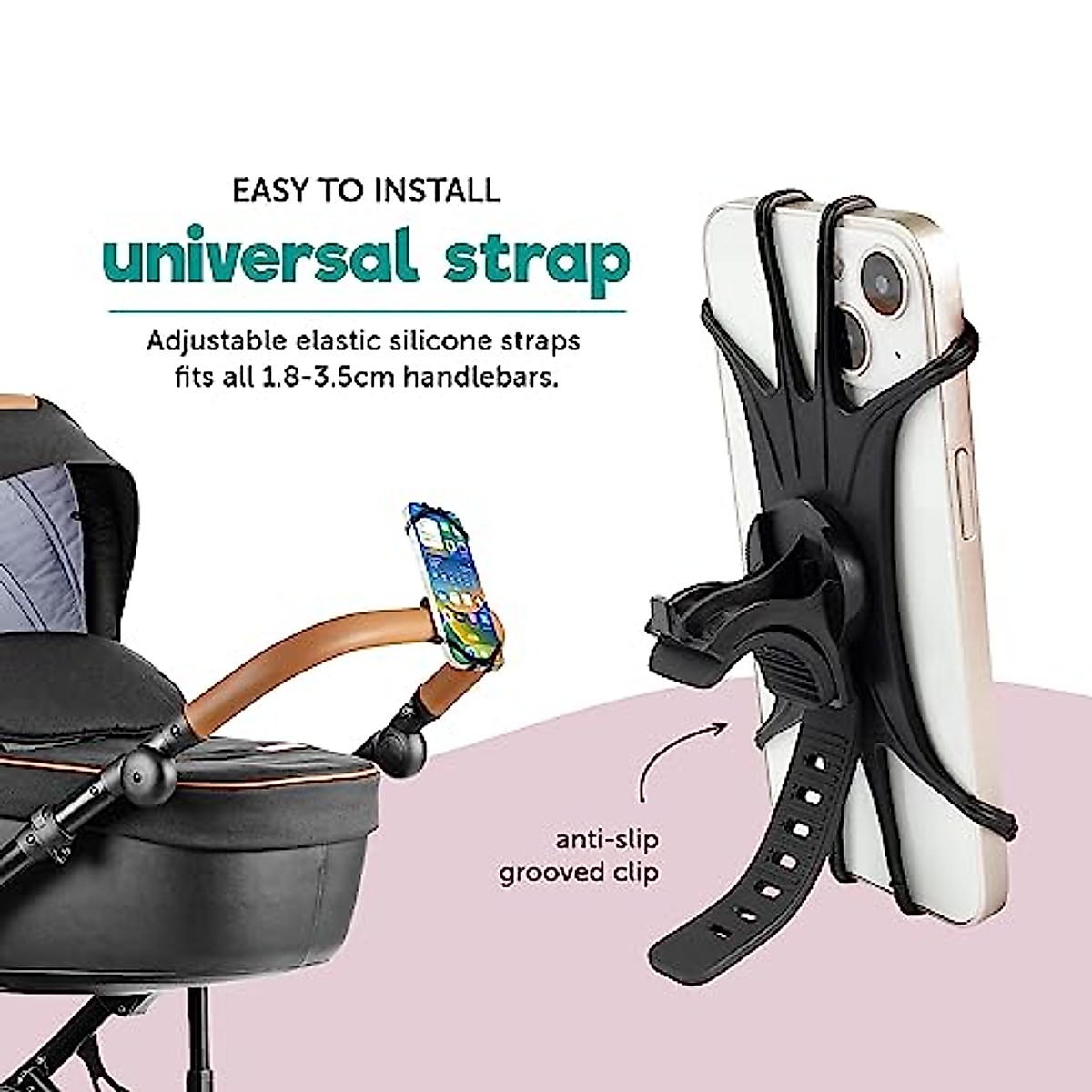 Hoovy Silicone Stroller Phone Holder | Cell Phone Holder for Strollers, Shopping Carts, or Handlebars | Phone Holder Mount for Strollers