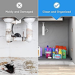 Under Sink Mat, 34" x 22" Upgraded Drainage Design Under Sink Mats for Kitchen Waterproof, Under Sink Drip Tray, Under Sink Mats for Bathroom, Hold up to 3.3 Gallons Liquid (Gray)