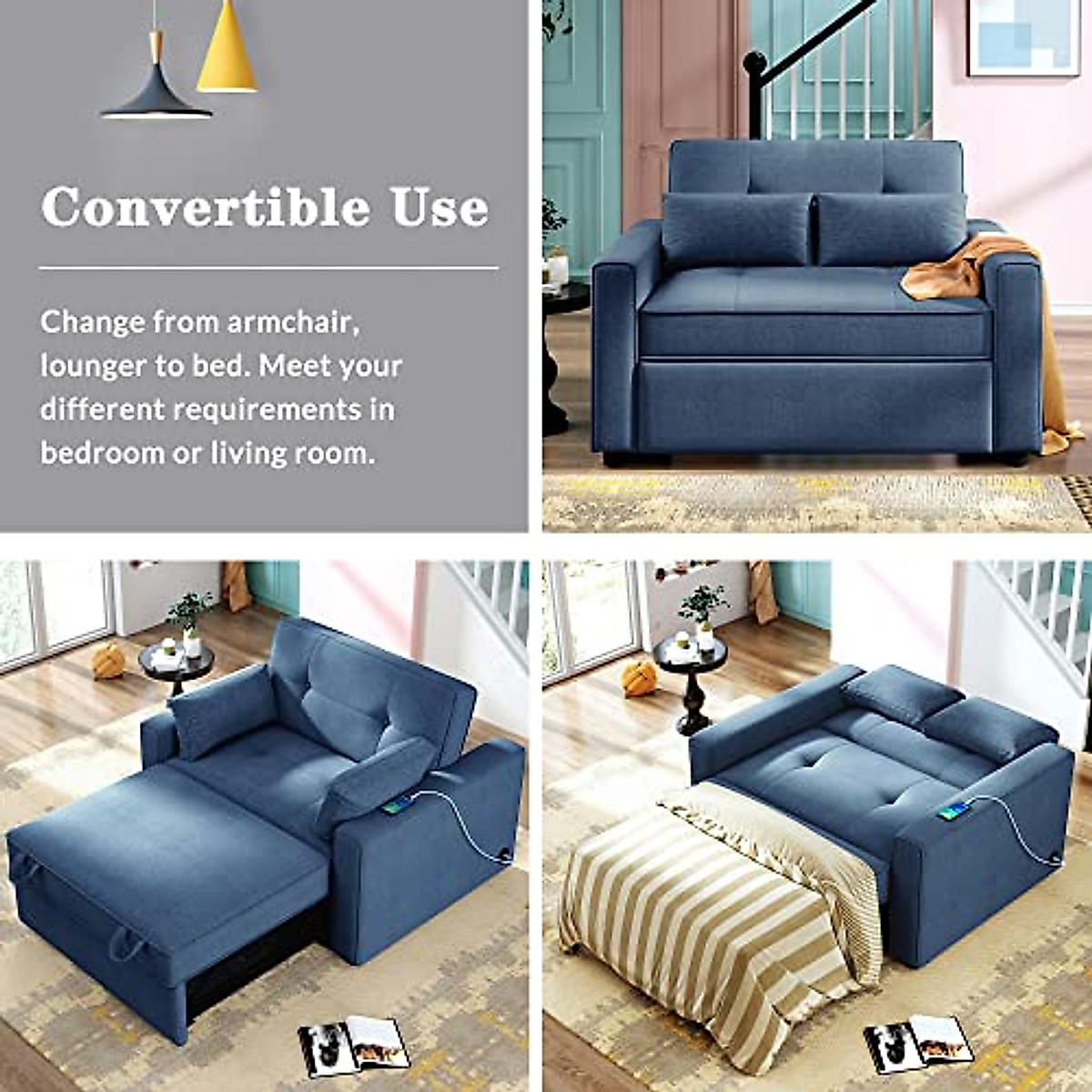 Tdewlye Versatile 48" Convertible Sleeper Sofa Bed with Adjustable Bed Chair,USB Charging Port and 2 Pillows,for Small Space Apartment Office Living Room (Blue#USB)