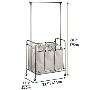 mDesign Portable Laundry Sorter with Wheels and Garment Hanging Bar - Heavy Duty Metal Cart System with 3 Hamper Laundry Sorter Basket Organizers and Drying Rack - Dark Graphite/Gray