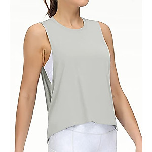 THE GYM PEOPLE Women's Open Cross Back Workout Tank Tops Loose Fit Sleeveless Yoga Running Shirts Light Grey