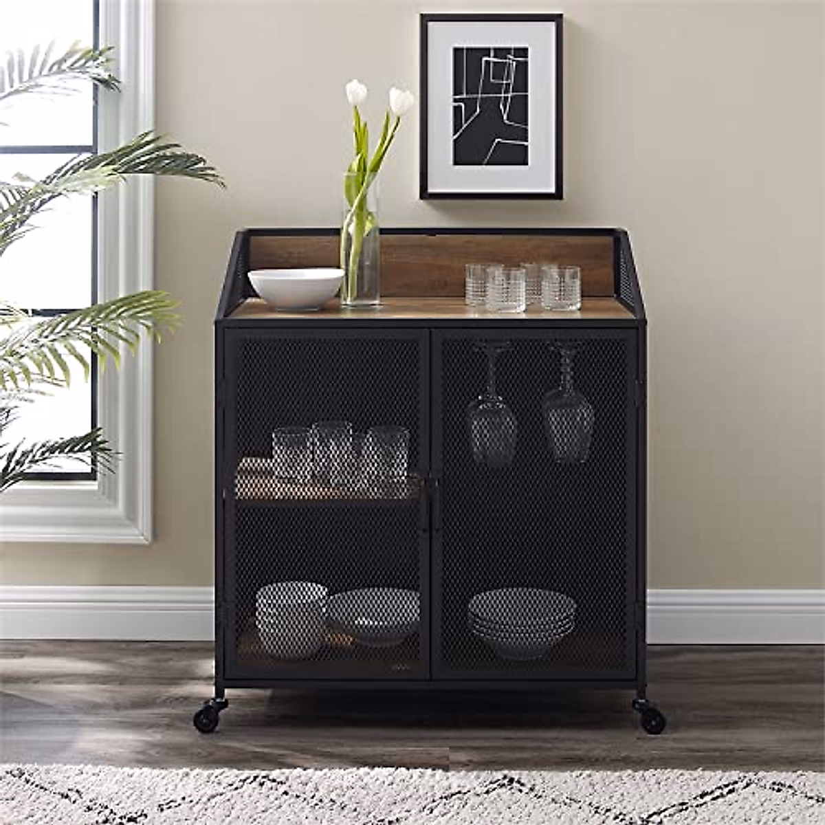 Walker Edison Malcomb Urban Industrial Metal Mesh Double Door Rolling Bar Cabinet, 33 Inch, Rustic Oak