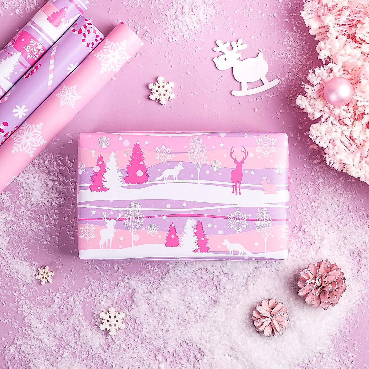WRAPAHOLIC Christmas Wrapping Paper Roll - Mini Roll - 3 Rolls - 17 Inch X 120 Inch Per Roll - Pastel Pink and Purple Reindeer, Candy Cane with JOY, Snowflake Holiday Collection