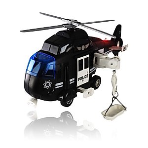WolVolk Police Helicopter - Solid Built Push & Go Chopper Toy with Lights & Sounds - Aids Hand-Eye Coordination for Kids Boys & Girls (Black)