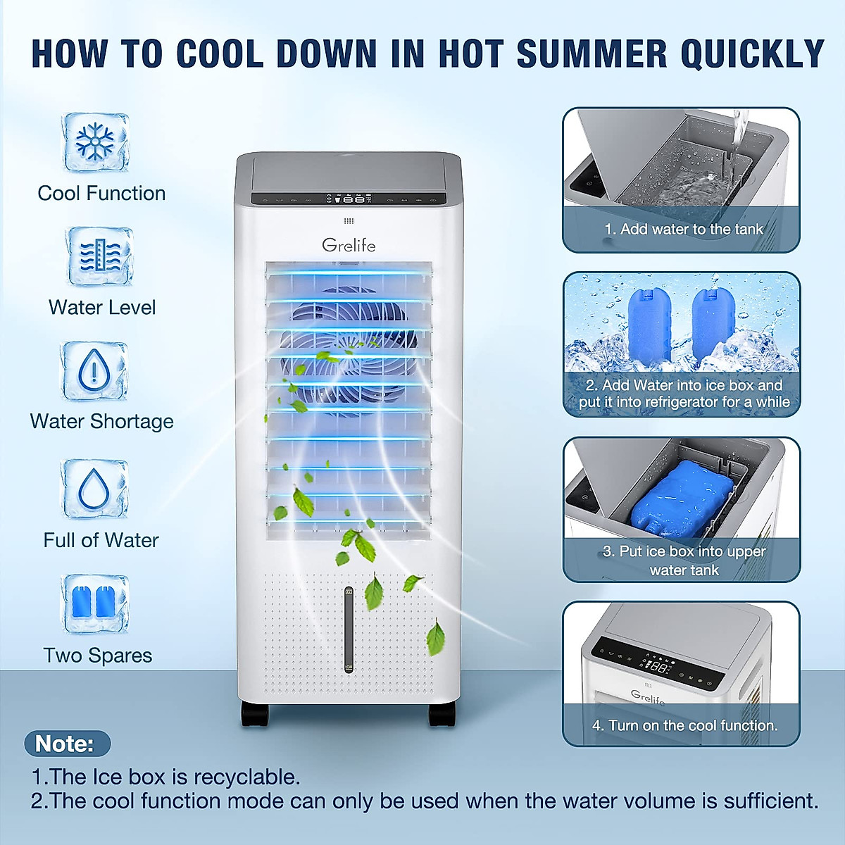 Grelife Air Cooler,3-IN-1 Portable Evaporative Air Cooler Cooling Fan with 4 Ice Packs,12H Timer,1.58 Gallons,Remote Control,3 Modes,3 Speeds,Personal Swamp Cooler for Bedroom, Home, Office, white