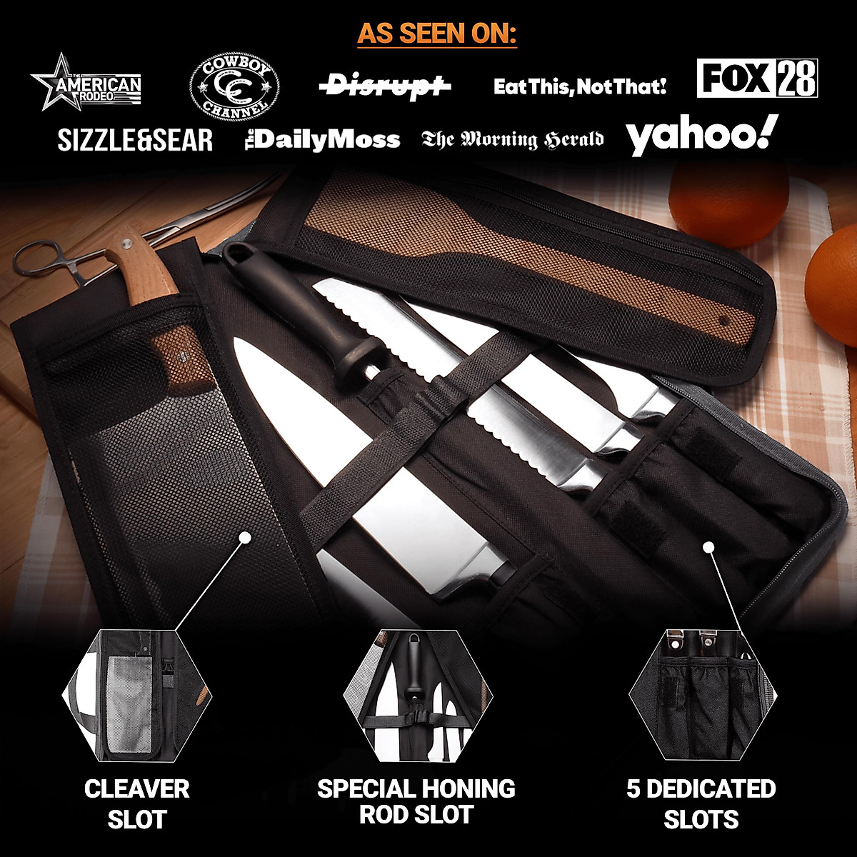 Chef Knife Roll Bag Travel Case | 8 Pockets for Knives & Tools | 2 Flaps with Cleaver & Mesh Pocket | Honing Rod Slot | Chef Knife Case for Professional & Students | Knives Not Included (Denim Grey)