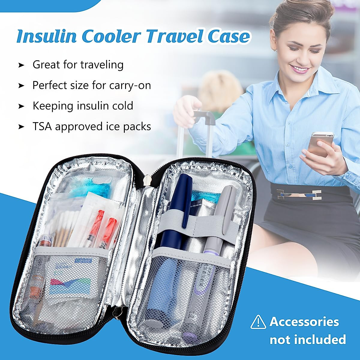 YOUSHARES Insulin Cooler Travel Case - Diabetic Case Insulated Organizer Portable Cooling Bag for Insulin Pen and Medication Diabetic Care Supplies with 2 TSA Approved Ice Pack (Black)
