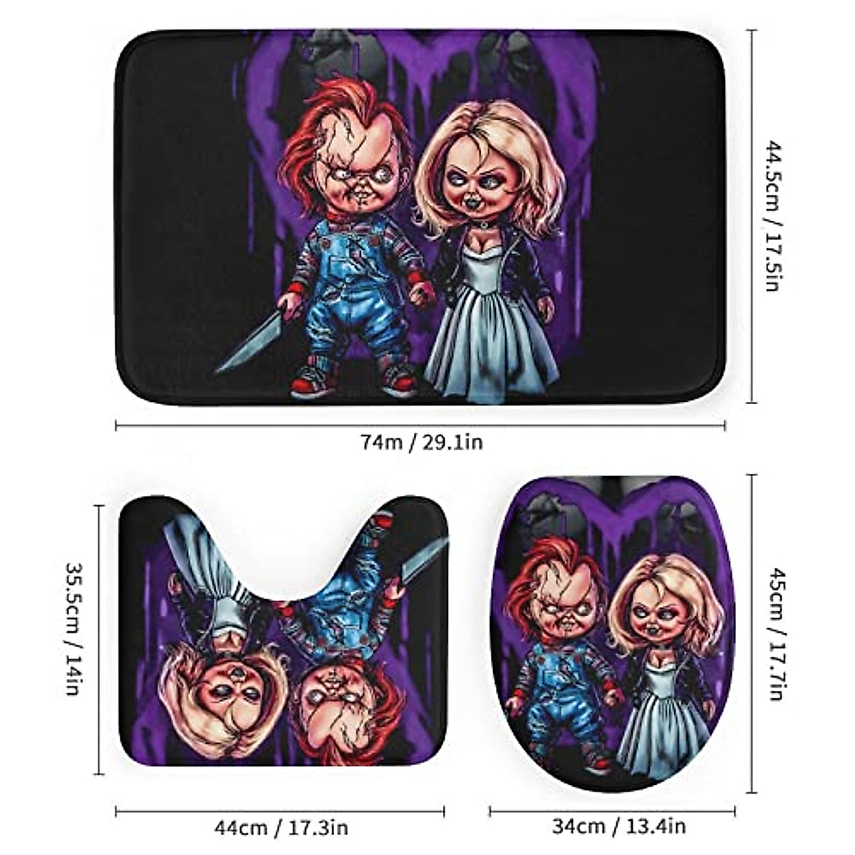 OneFale 4 Pcs Horror Movie Chucky Shower Curtain Set with Non-Slip Rugs, Toilet Lid Cover,Bath Mat and Shower Curtain with 12 Hooks for Bathroom Decor Sets Accessories 70.9X 70.9Inch
