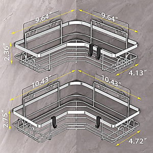 HuggieGems 2 Pack Corner Shower Caddy Organizer Shelf with Hooks, Silver Bathroom Shelves Storage Organization