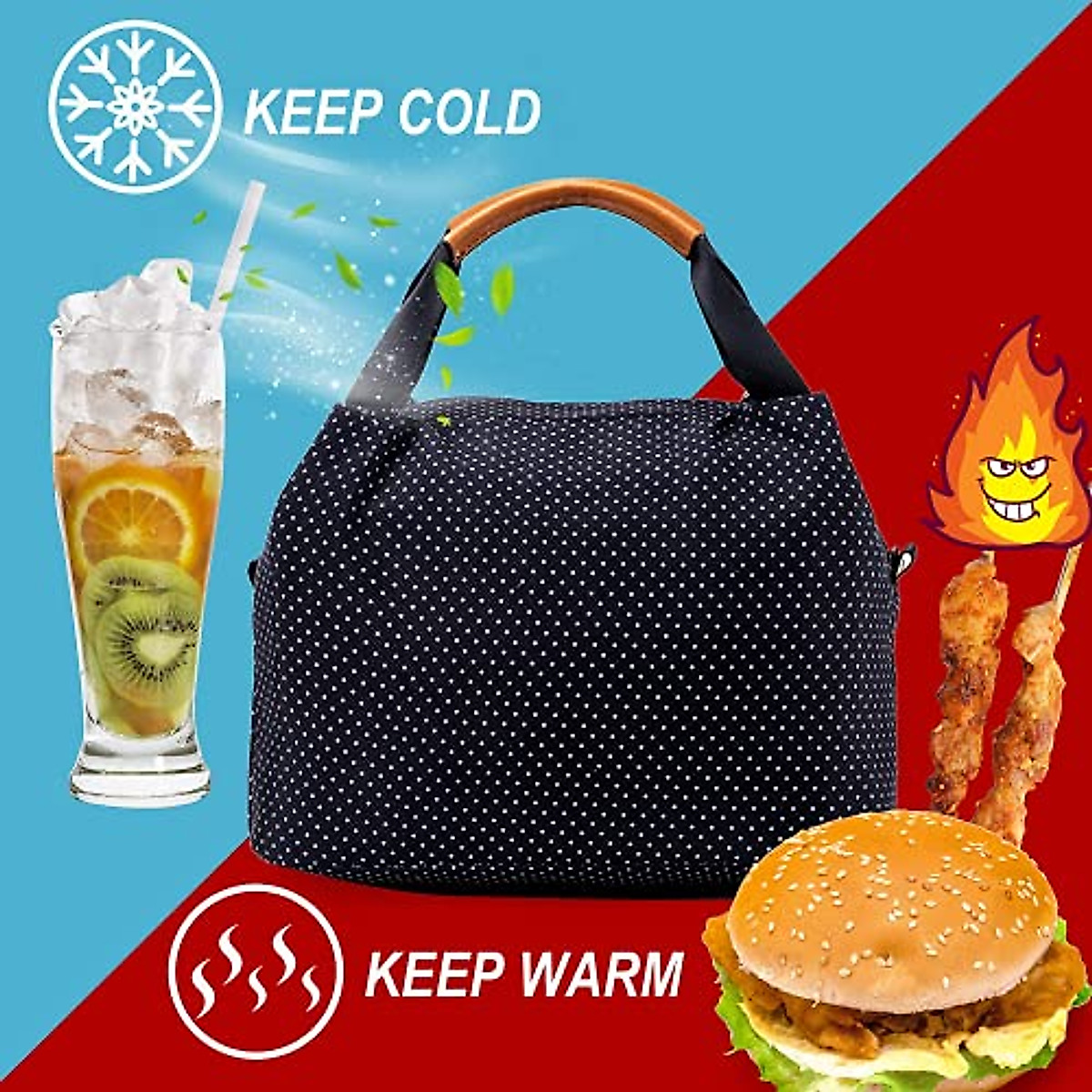 CALIYO Lunch Bag for Women, Insulated Kids Lunch Container with Leather Holder, Foldable Cute Small Cooler Polka Dot Lunch Tote Bag for Office School Picnic Camping Travel, 9L,Black