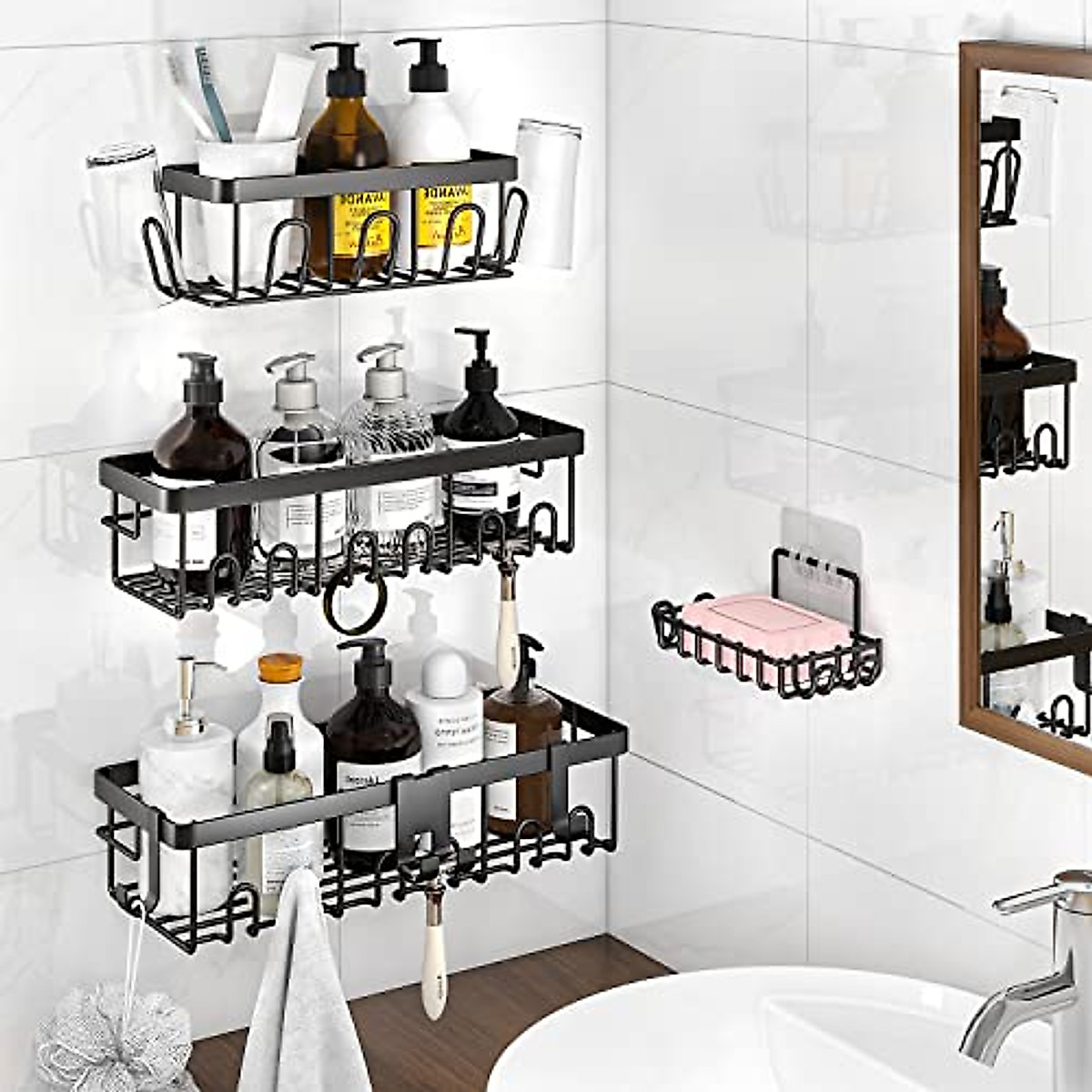 biukpci 4 Pack Shower Caddy Shelf with 20 Hooks and Soap Holder Rustproof Stainless Steel Shower Shelves Adhesive Bathroom Shower Storage Organizer