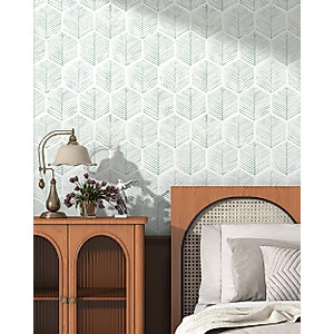 Modern Peel and Stick Wallpaper 17.3''×78.8'' Geometric Wallpaper Boho Contact Paper Green and White Self-Adhesive Wallpaper Removable Decorative Wallpaper for Bedroom Bathroom Cabinets Decor Vinyl