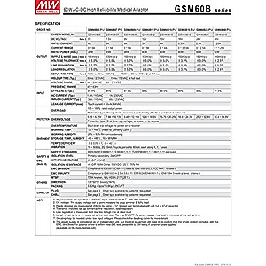 Mean Well GSM60B12-P1J Power Supply, Switching Medical Table Top, 12V at 5A, 60 W, 12 Volts, 5 Amps, 60 Watts, 4.9" L x 1.9" W x 1.3" H