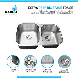 KABCO 32 Inch Stainless Steel 60/40 Double Unequal Bowl Classic Kitchen Sink, Extra Thick 16 Gauge Undermount Rust, Sound and Heatproof Sink with Sink Strainer and Removable Garbage Basket