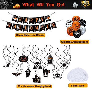 Halloween Party Hanging Decorations Kit- Halloween Hanging Swirl, Halloween Banner, Halloween Balloons with Halloween Spider Web Stretchable Cobweb for Halloween Indoor Outdoor Decoration