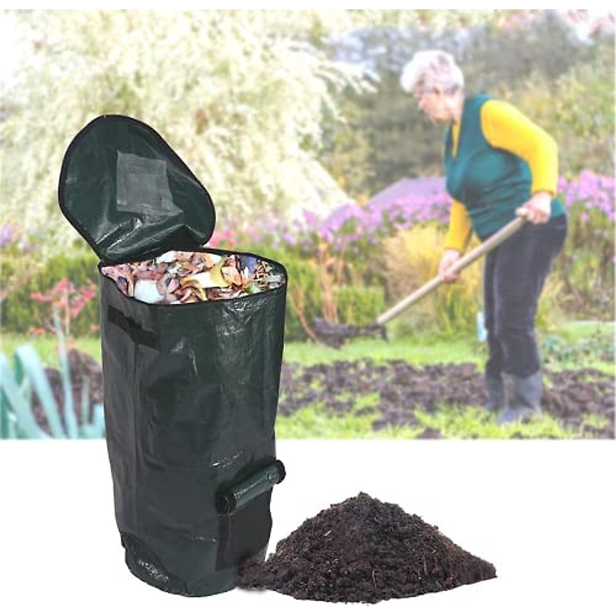 Garden Compost Bag, Outdoor Compost, Reusable Garden Waste Bag with Lid, Collapsible Leaf Lawn Bags (2 Pack 15 Gallon/34 Gallon Multifunction Gardening Container) Green