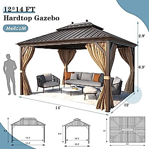 MELLCOM 12' x 14' Hardtop Gazebo, Brown Permanent Pavilion Gazebo with Curtains and Netting, Galvanized Steel Metal Double Roof Aluminum Gazebo with Aluminum Frame for Patio, Lawn & Garden