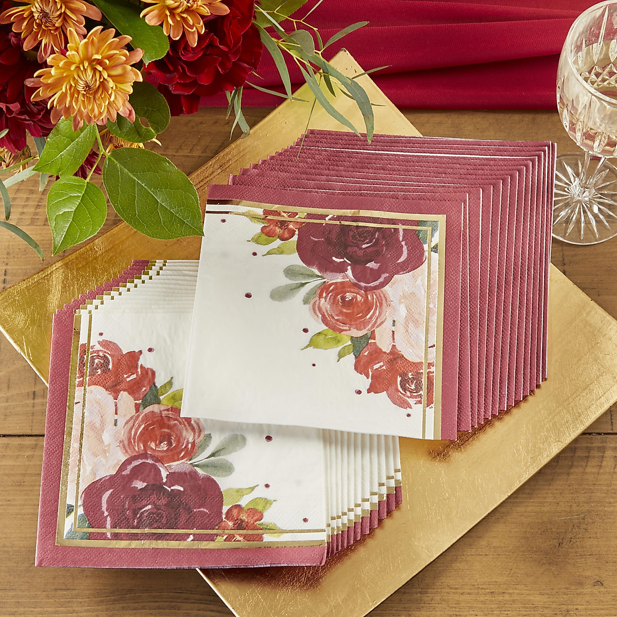 Kate Aspen Burgundy Blush Floral Paper Napkins, Thick Decorative Dinner Napkins, Luncheon Serveware, Perfect for Wedding Reception Or Bridal Shower,Gold and burgundy