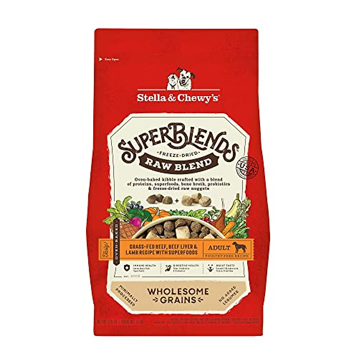 Stella & Chewy's SuperBlends Raw Blend Wholesome Grains Grass-Fed Beef, Beef Liver & Lamb Recipe with Superfoods, 3.25 lb. Bag