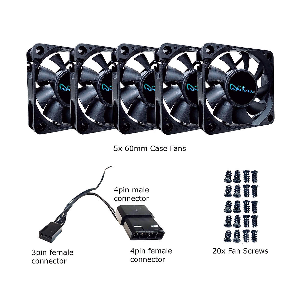 Apevia CF6015S-5 (5 Pk) 60mm x 60mm x 15mm Black Case Fan W/4PIN Molex + 3PIN Motherboard Adapter
