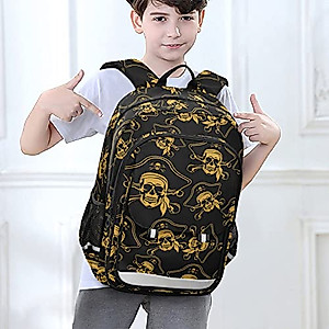 senya Backpack for Boys Girls, Golden Pirate Skull Backpack Students Bookbag Daypack for School Primary Teens