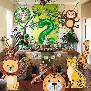 Jungle Animal Balloons, Safari Birthday Decorations, Large 40in Number 2 Balloon, Cute Smile Animal Balloons, for Boys Girls 2 Years Old Birthday, Jungle Safari Theme Party