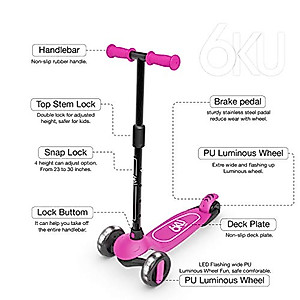 6KU Scooters for Kids 3-5 Year Old with Flash Wheels, Toddler Scooter 4 Adjustable Height, Extra-Wide PU LED Wheels, 3 Wheel Scooters for Girls & Boys (Pink)