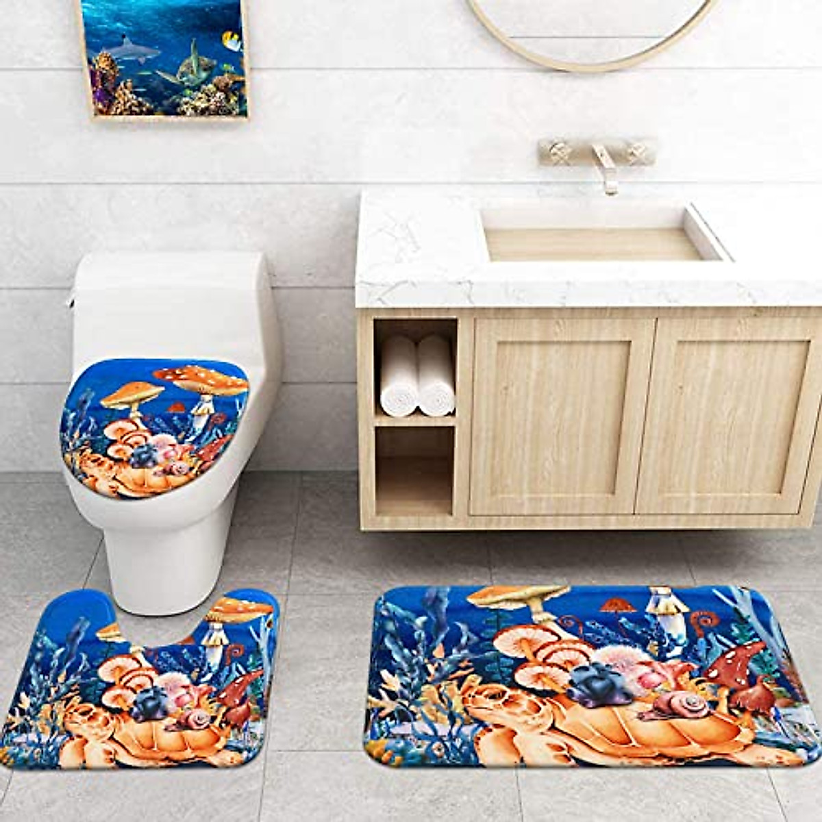 Alishomtll 4Pcs Mushroom Shower Curtain Sets with Non-Slip Rug, Toilet Lid Cover and Bath Mat, Sea Turtle Bathroom Sets, Funny Shower Curtains with 12 Hooks, Ocean Beach Kids Bathroom Sets