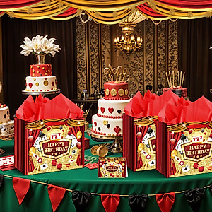 Large Casino Birthday Favor Gift Bags with Card Tissue Paper Red Happy Birthday Treat Gift Bags Las Vegas Poker Themed Gift Wrapping Paper Bag for Men Women Christmas Casino Birthday Party Decorations Supplies