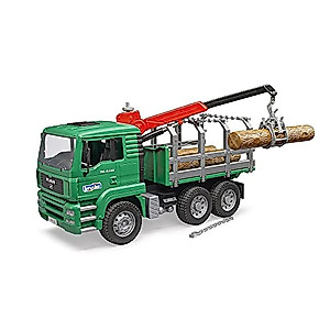 Bruder Toys - Forestry MAN Timber Truck with Fully Functioning Loading Crane, Tilting Loading Bed, and 3 Loadable Trunks - Ages 4+