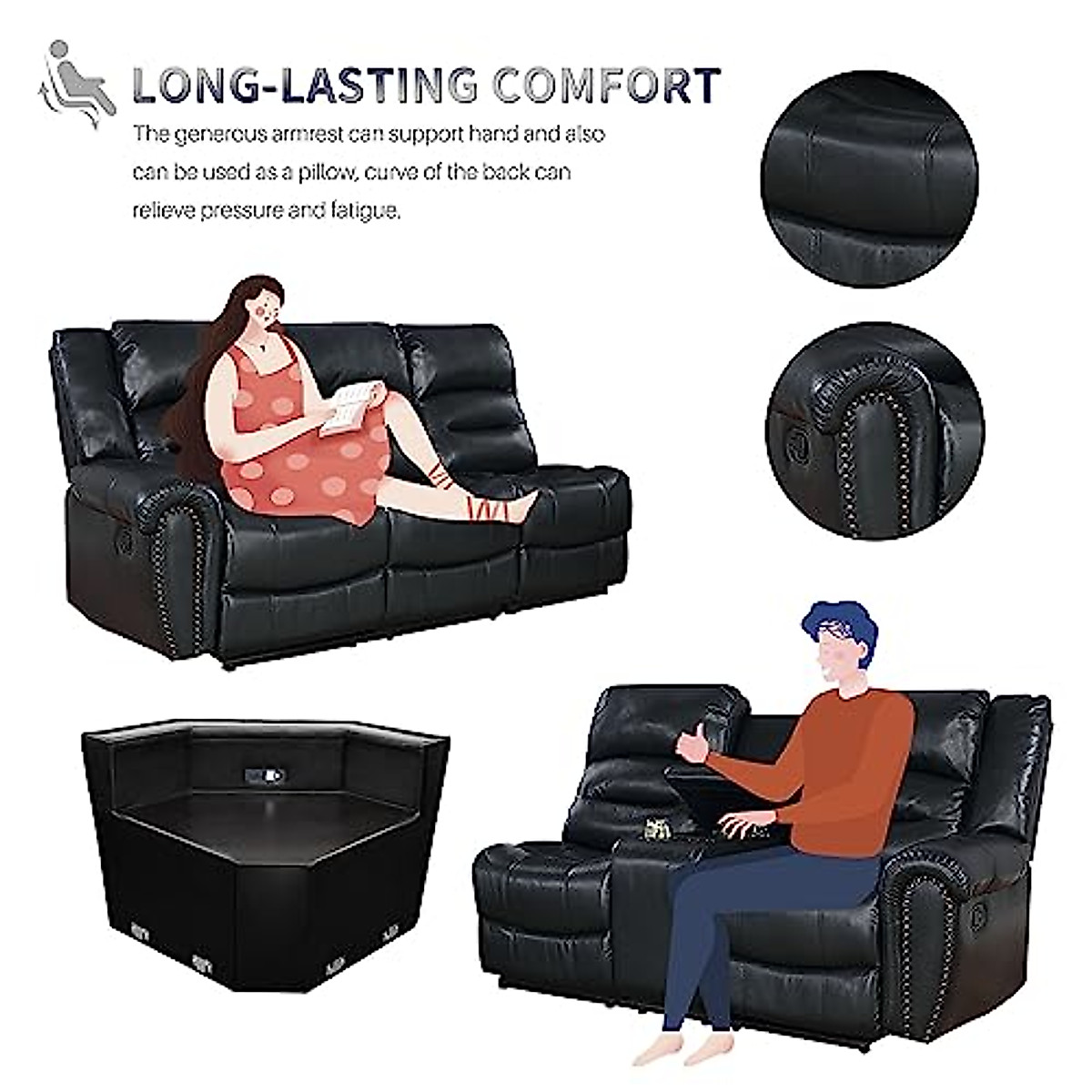 Nathaniel Home Leather Reclining Sectional, Black