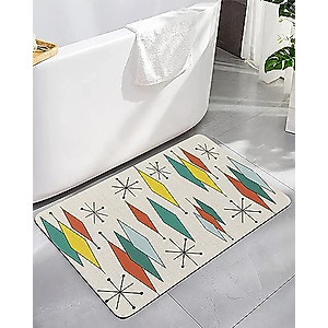 Middle Century Bath Mat for Bathroom Rugs Non Slip, Bath Mat Quick Dry Absorbent Bath Rug, Thin Rubber Backed Easy to Clean, Teal Orange Yellow Geometry Diamond 20"x32"