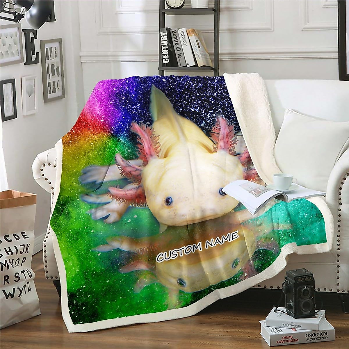 Custom Name Cute Axolotl Blanket 50"x60" 3D Rainbow Axolotls Throw Blanket for Child Boys,Sea Wildlife Animals Reptile Fleece Blanket Kawaii Axolotl Bed Blanket Kids Ocean Theme Bedroom Decor