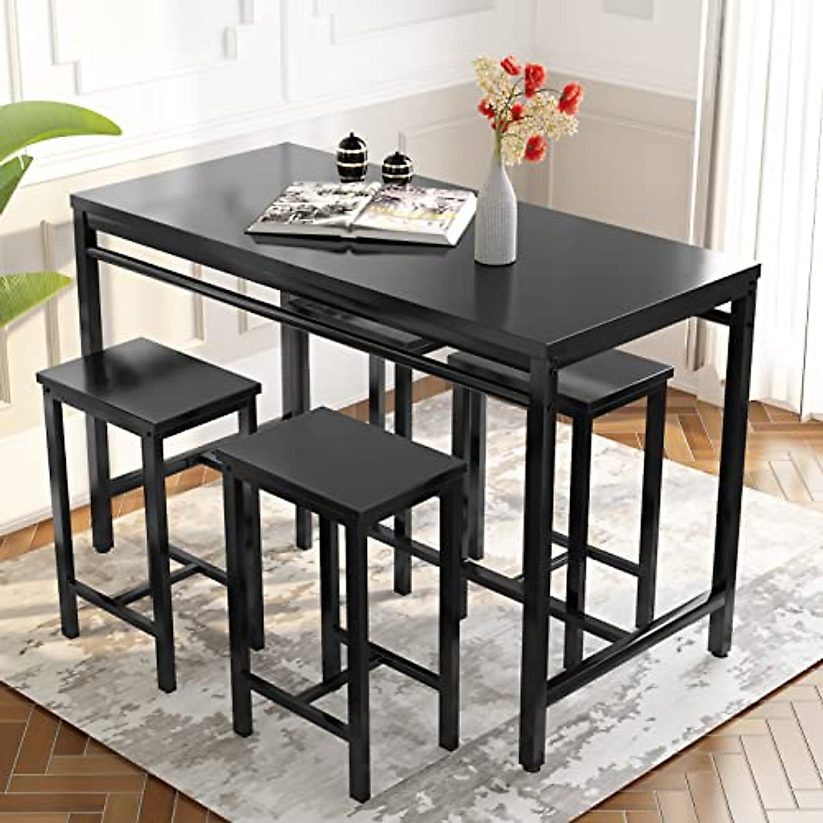 Lamerge Dining Bar Table Set for 4, Modern Counter Height Table and 4 Bar Stools, 5 Piece Bar Table and Chairs Set for Small Spaces, Apartment, Pub, Dining Room, Kitchen (Black)
