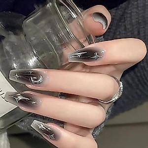 24Pcs Black Press on Nails Long Star Moon Fake Nails Full Cover Luxurious Acrylic Nails Glue on Nails Glossy Gradient False Nails Stick on Nails for Women