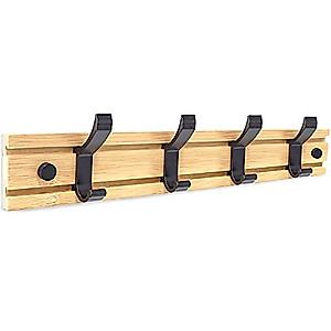 Coat Rack Wall Mounted ,Wooden Board Coat Rack with 4 Movable Coat Hooks, Heavy Duty Coat Metal Hooks Rail for Coat Hat Towel Purse Robes Bathroom Entryway (Natural)